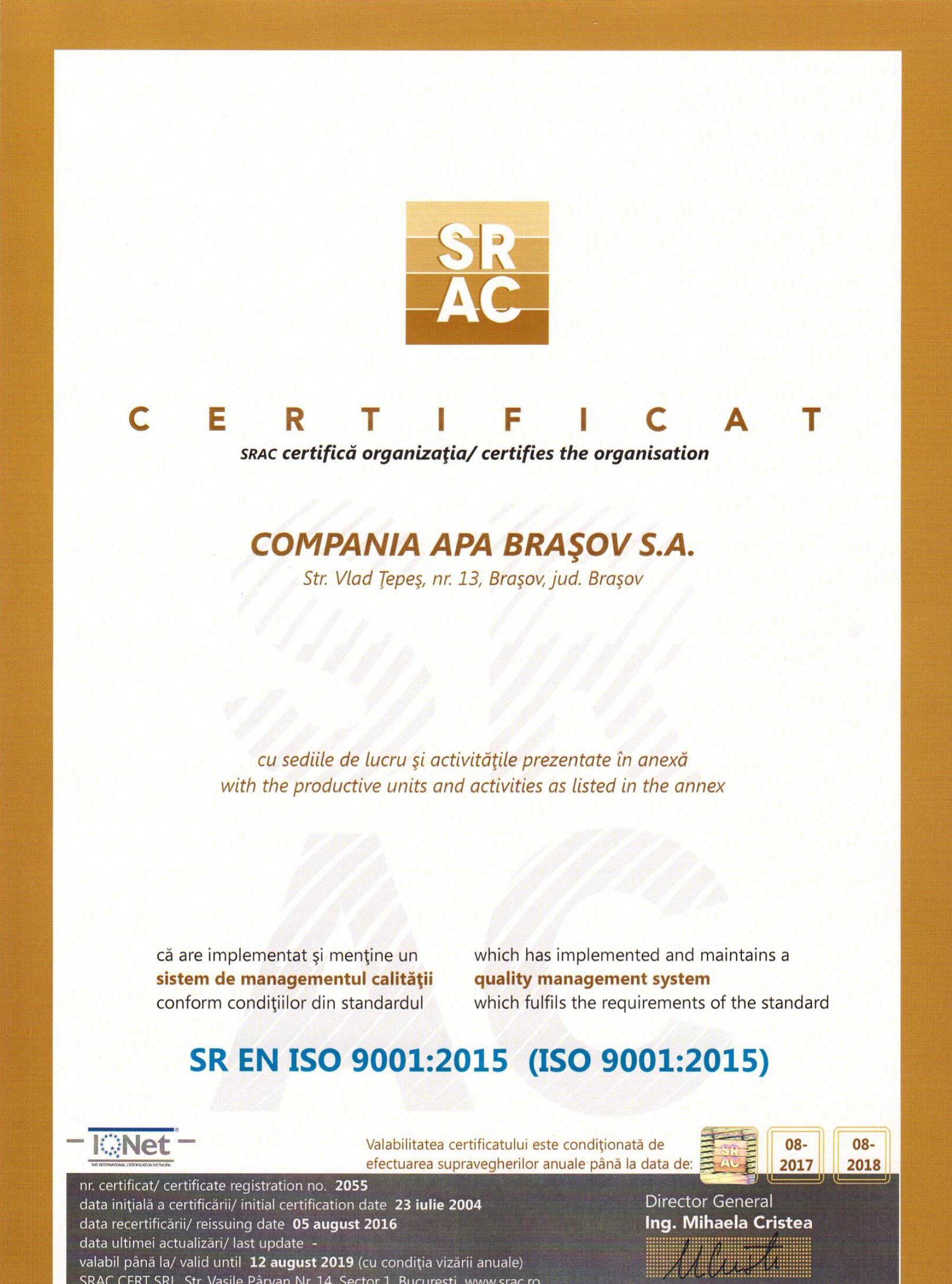 Certificări, licențe și acreditări - Compania Apa Brasov