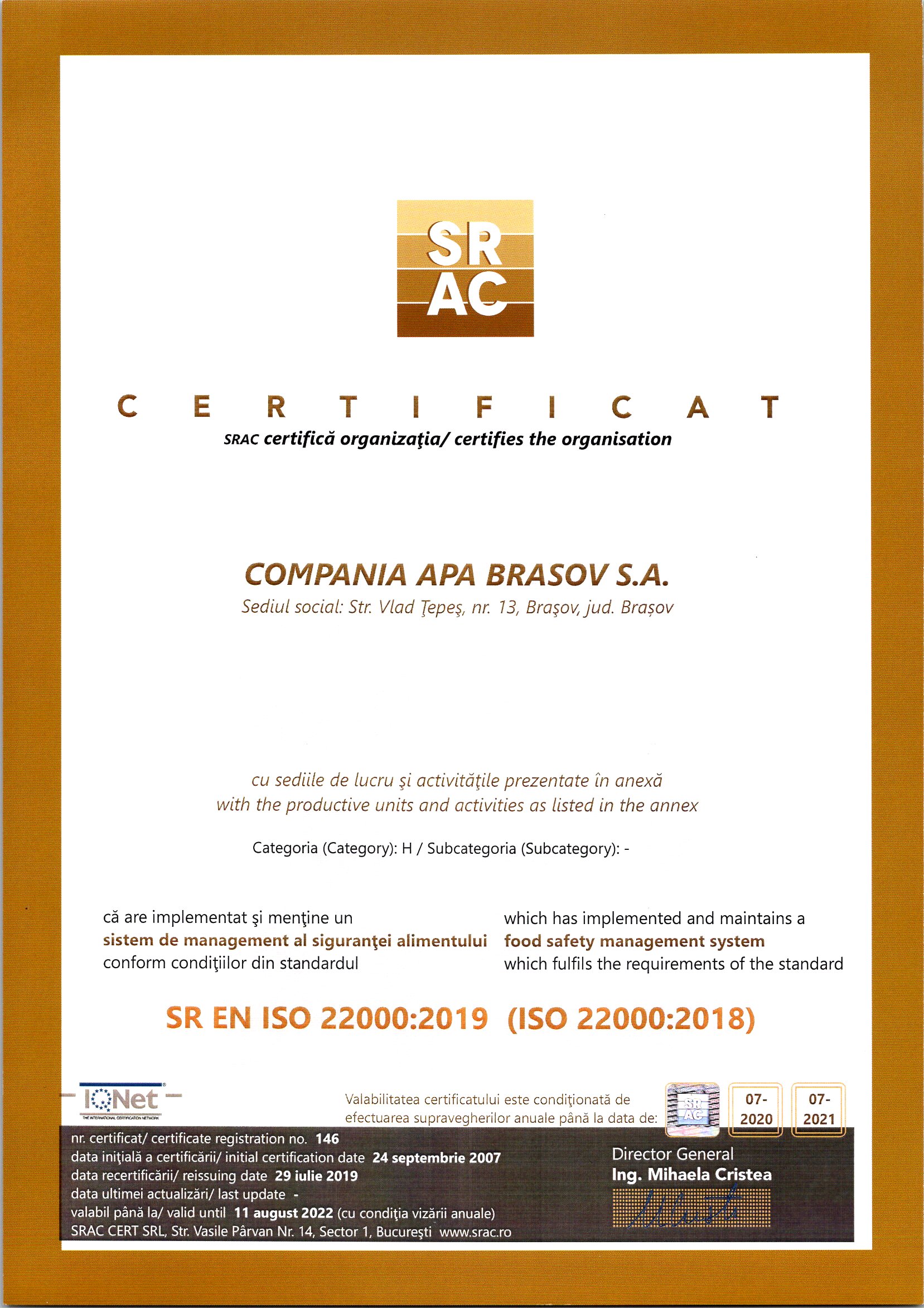 Certificări, licențe și acreditări - Compania Apa Brasov